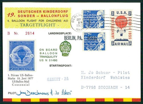 USA CARD 1977 GERMAN BALLOON FLIGHT CHILDRENS AID 1. PRIVATE STAMP 1877 ...