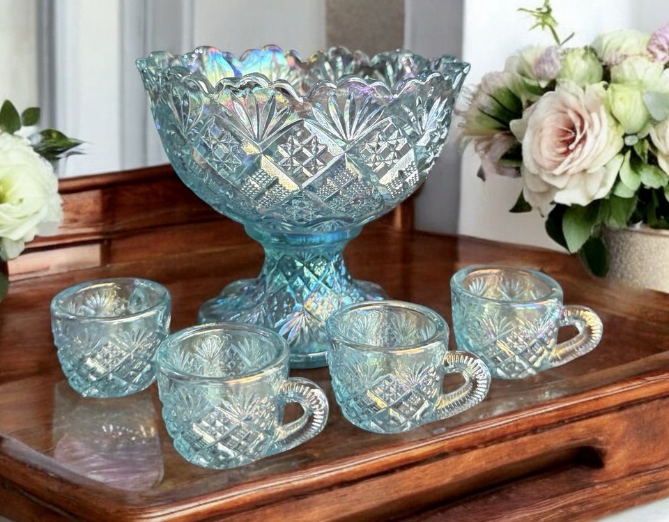 Westmoreland Thumbelina Mini Punch Bowl & 4 Cups Blue Iridescent ...