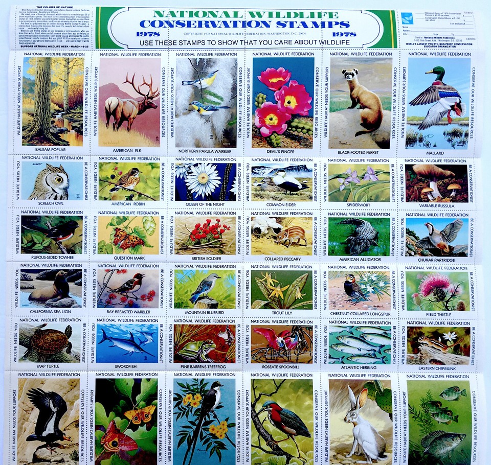 1978 National Wildlife Conservation Stamp Sheet, 36 Animal Stamps MINT ...