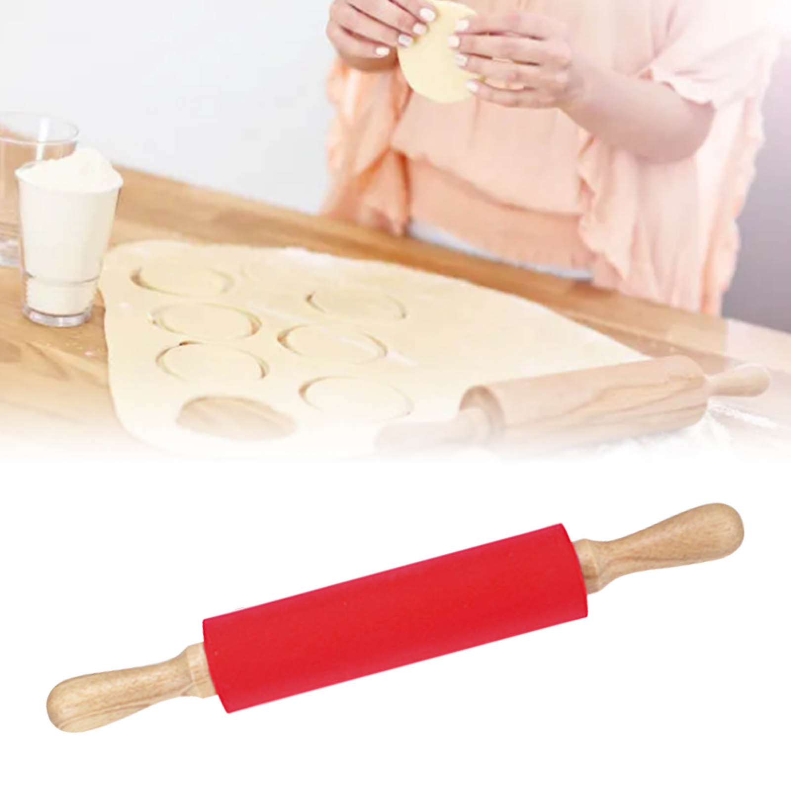 (Red)Rolling Pin Wooden Handle Extended Silicone Rolling Pin For ...
