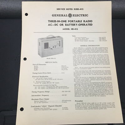 Original Service Manual GE Model HB-412 Radio General Electric | eBay