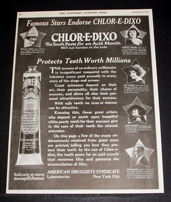 1921 OLD MAGAZINE PRINT AD, CHLOR-E-DIXO TOOTHPASTE, MOVIE STARS ...