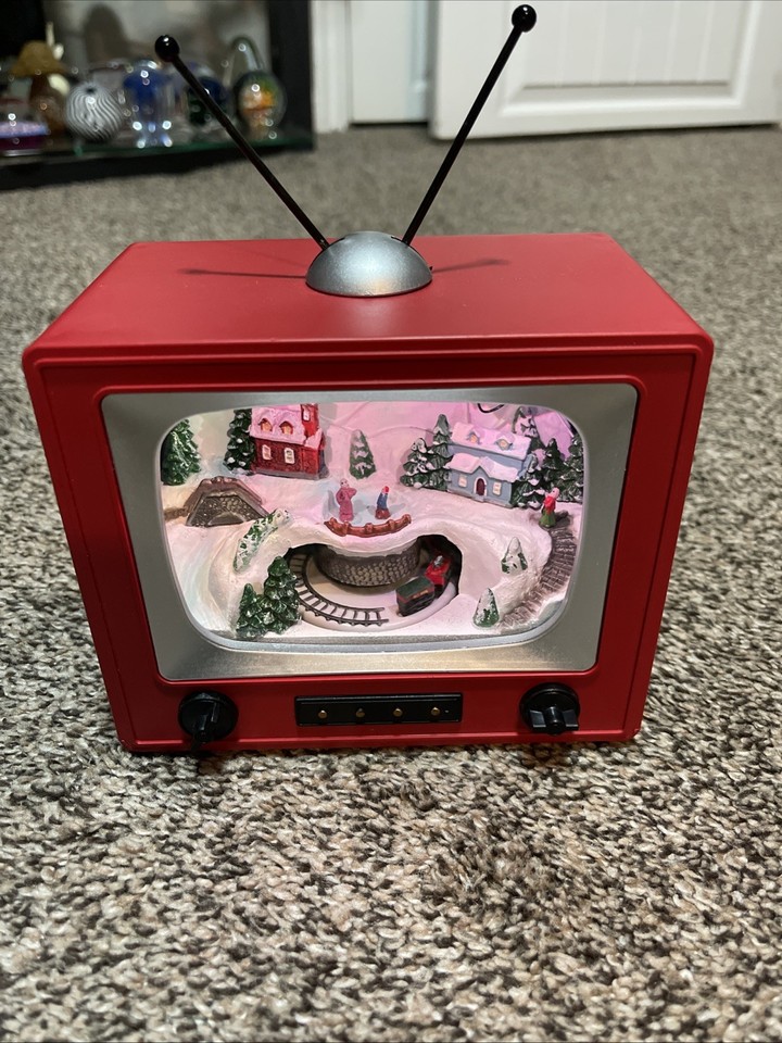 Red Retro Vintage TV Music Box with Animated Christmas Train / Lights ...