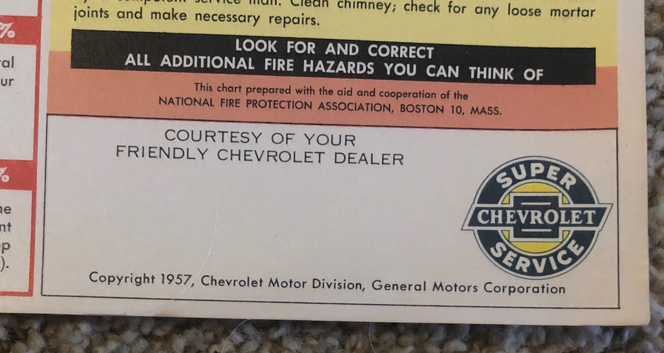 CHEVROLET SUPER SERVICE 1957 FIRE SAFETY 16”x11” chart poster GM ...