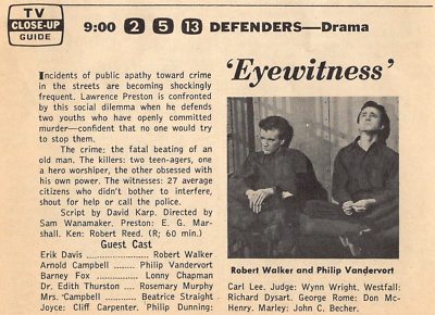 1965 TV AD~THE DEFENDERS EPISODE "EYEWITNESS" ROBERT WALKER & PHILIP ...