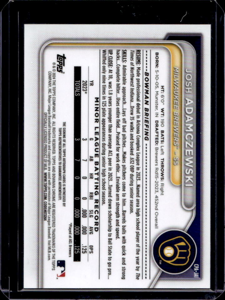 2024 Bowman Chrome Josh Adamczewski Prospect Auto 1st #CPA-JAI | eBay