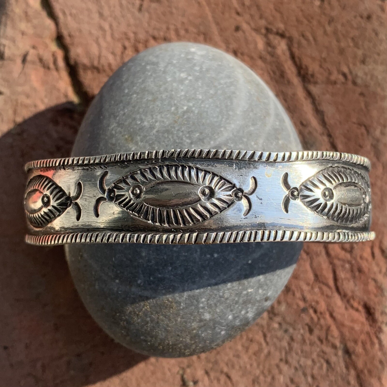 Vintage Repousse Stamped Native American Cuff Bracelet - Gem