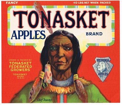 ORIGINAL 1930 APPLE CRATE LABEL CHIEF TONASKET NATIVE AMERICAN INDIAN ...