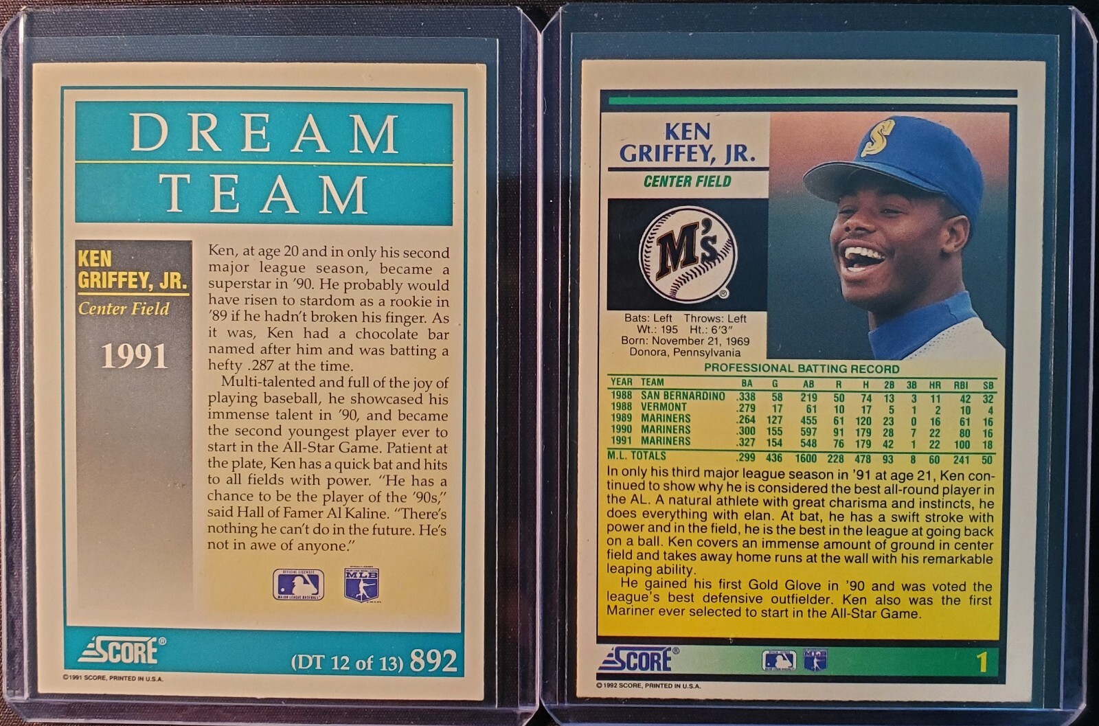 KEN GRIFFEY JR -2 CARDS- 1994 SCORE DREAM TEAM &1992 SCORE MARINERS HOF ...
