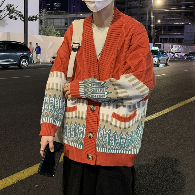 Mens Knitted Jumper Cardigan Sweater Japanese Ethnic Thermal Knitwear ...