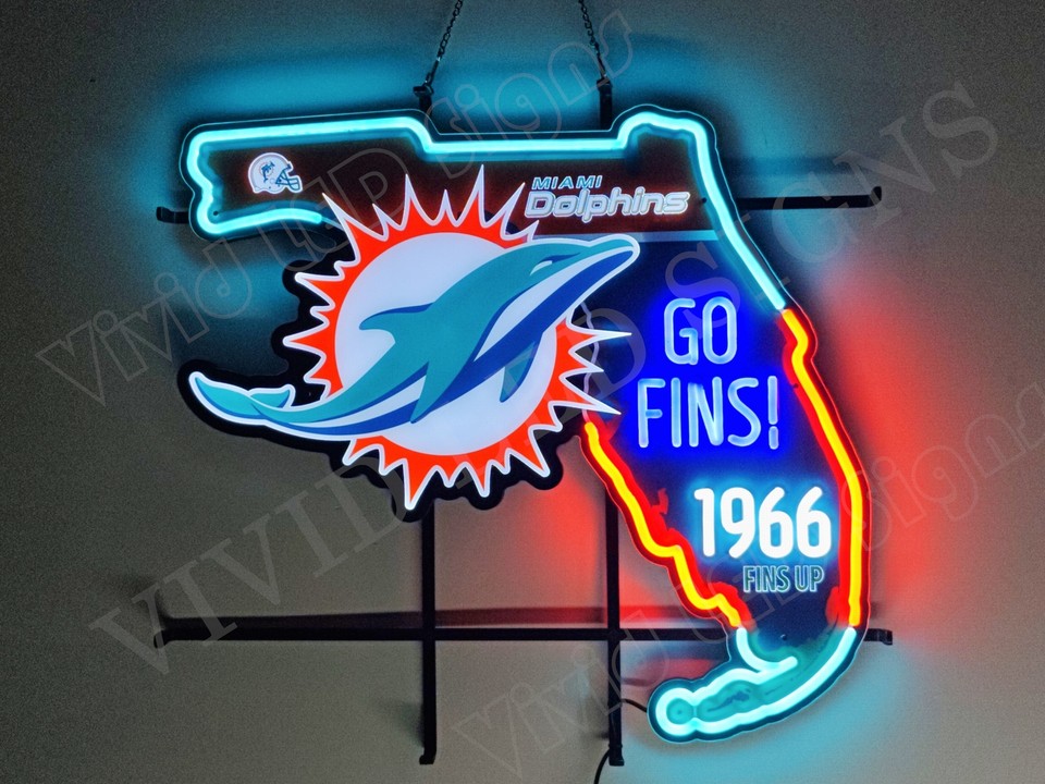 Miami Dolphins Go Fins Up 24"x22" Vivid LED Neon Sign Light Lamp With ...