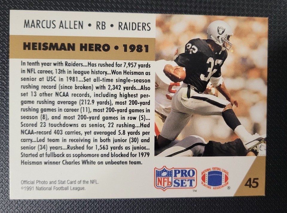 1991 Pro Set - Heisman Hero #45 Marcus Allen 🏈 HOF | eBay