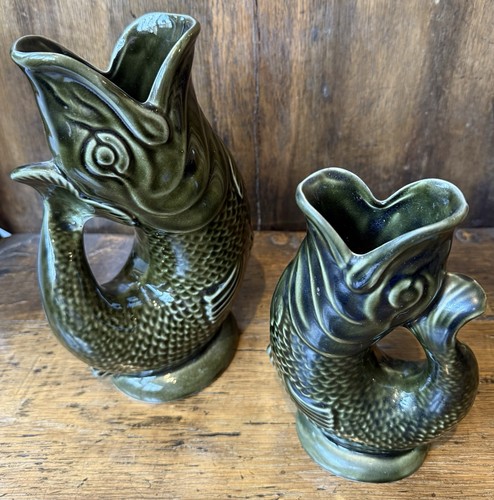 Two Vintage Dark Green Dartmouth Devon Fish Gluggle Gurgle Glug Jug ...