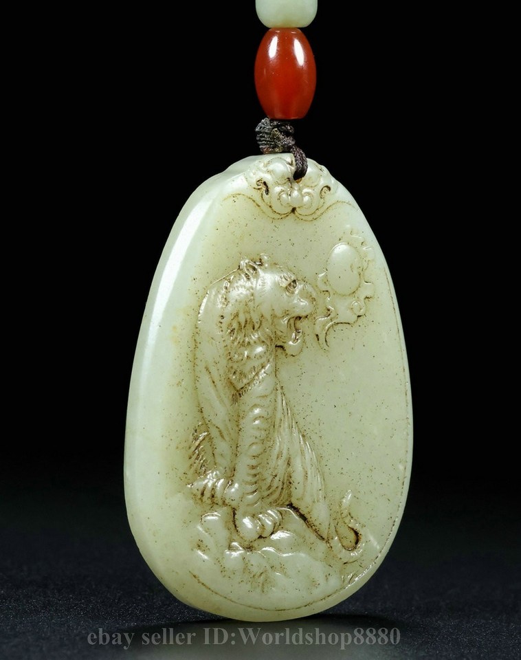 2.5" Old Chinese Natural Hetian Jade Carved Animal Tiger Statue Pendant ...
