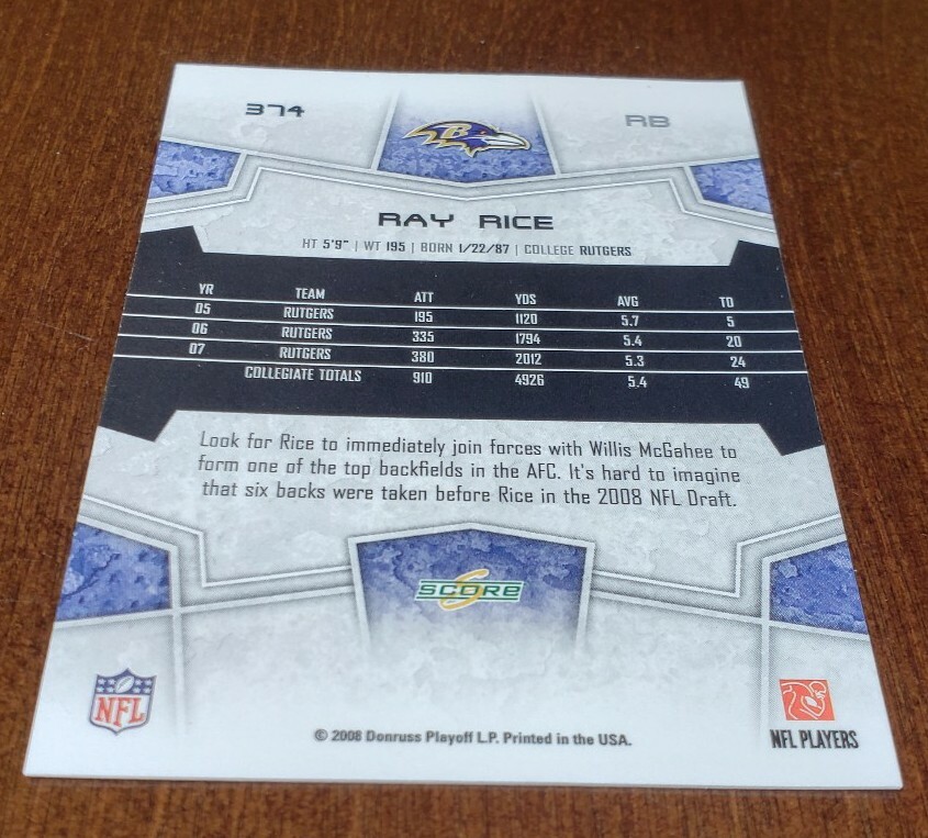 2008 Score Football Baltimore Ravens Football Card #374 Ray Rice ...