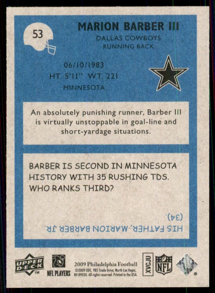 2009 Upper Deck Marion Barber Dallas Cowboys #53 NFL Football Card | eBay