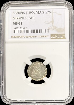 1830 PTS FJ SILVER BOLIVIA 1/2 SOL LLAMAS COIN NGC MINT STATE 61 POTOSI ...