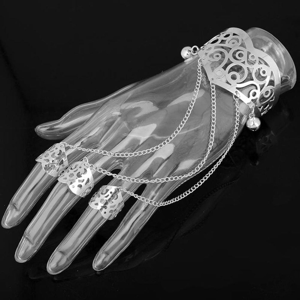 Punk Gothic Gold Slave Chain Hand Harness Wide Finger Ring Bracelet ...