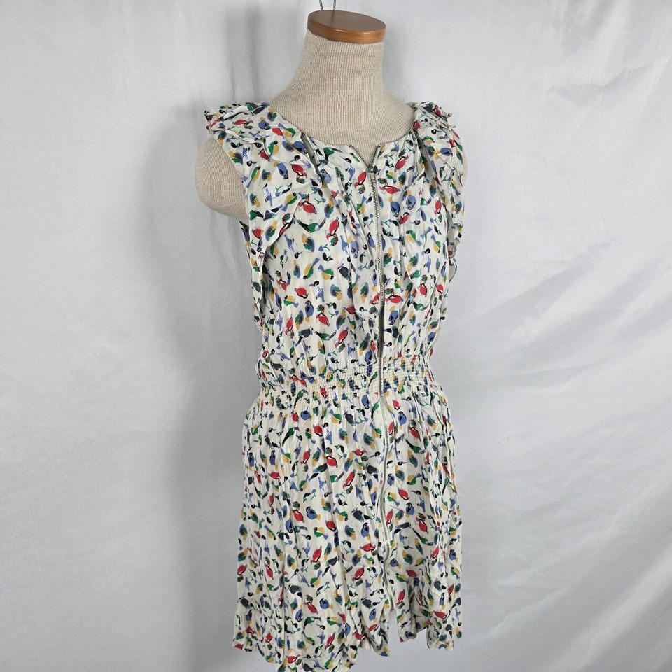 Line & Dot Mini Dress Women's S White Colorful Bird Print Cap Sleeve ...
