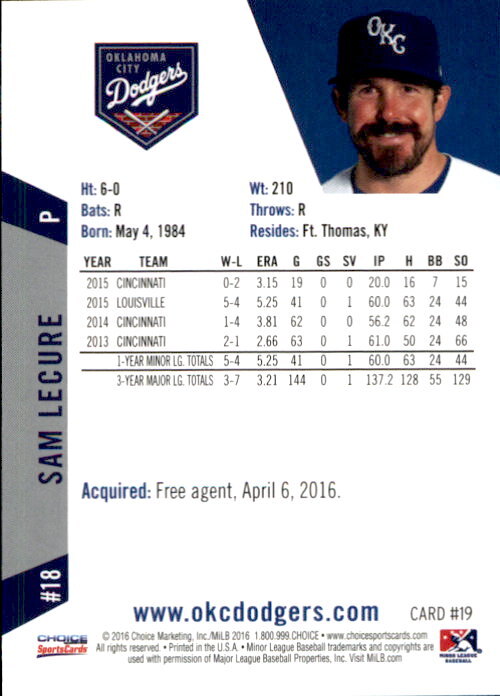 2016 Oklahoma City Dodgers Choice #19 Sam LeCure Fort Thomas Kentucky ...