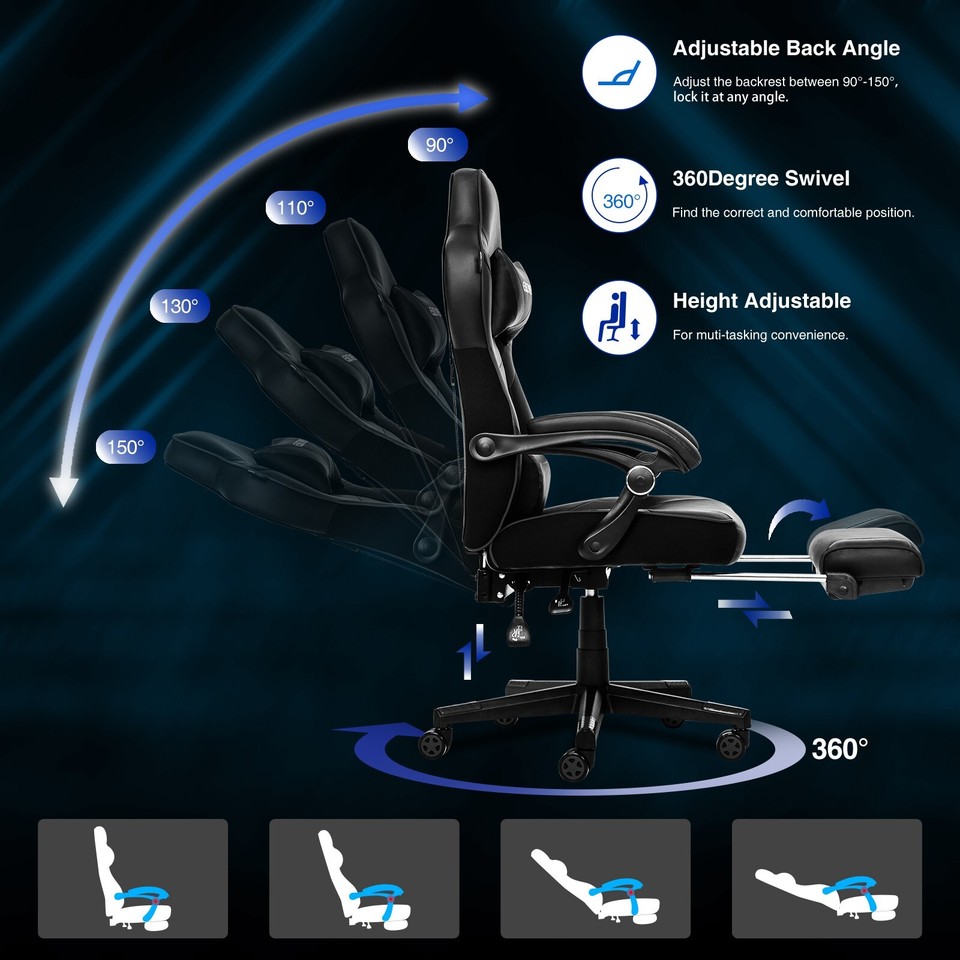 ELECWISH Ergonomic Gaming Chair with Footrest Lumbar Support Recliner ...