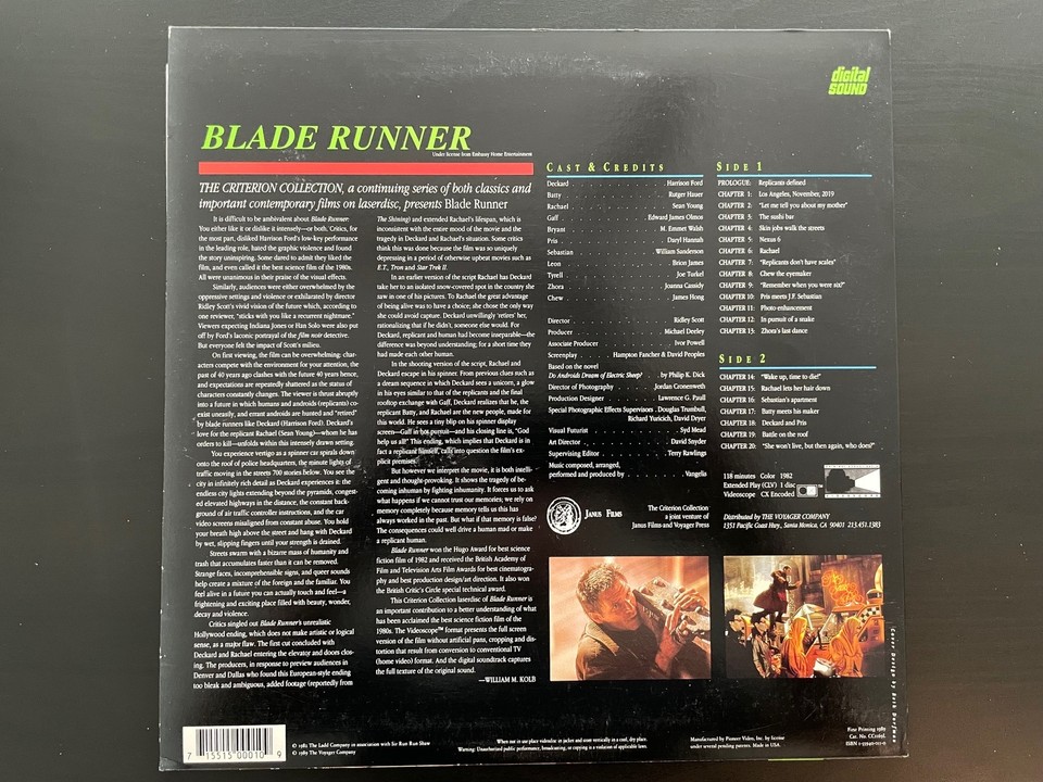 Blade Runner Laser Disc Criterion Collection Home Video Laserdisc 1 ...