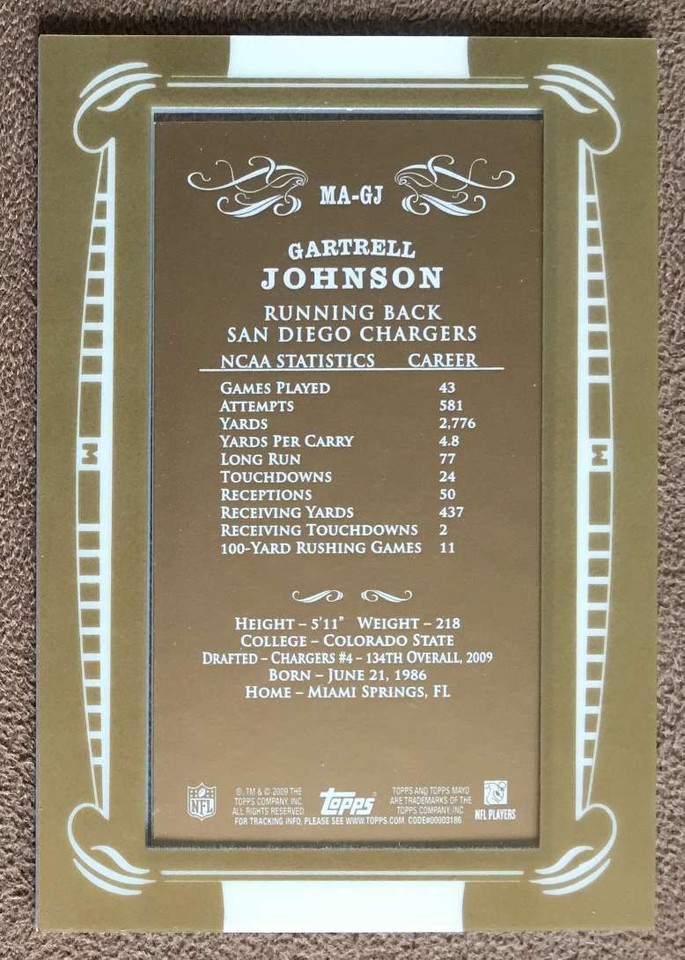 Gartrell Johnson 2009 Topps Mayo Framed Mini Autograph Rookie #MA-GJ ...