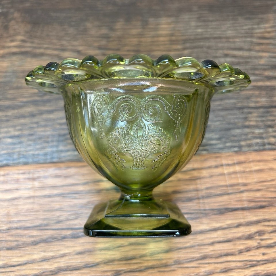 Vintage Green Depression Glass Compote Candy Dish Bowl Lace Edge ...