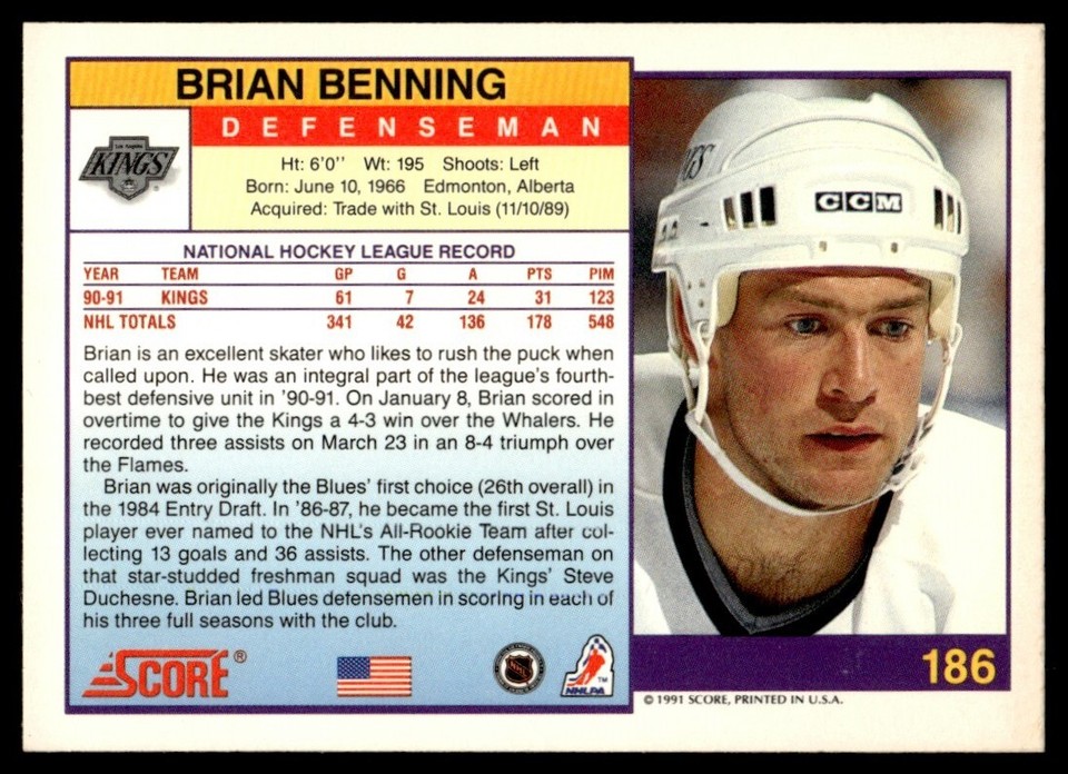 1991-92 Score American #186 Brian Benning Los Angeles Kings | eBay