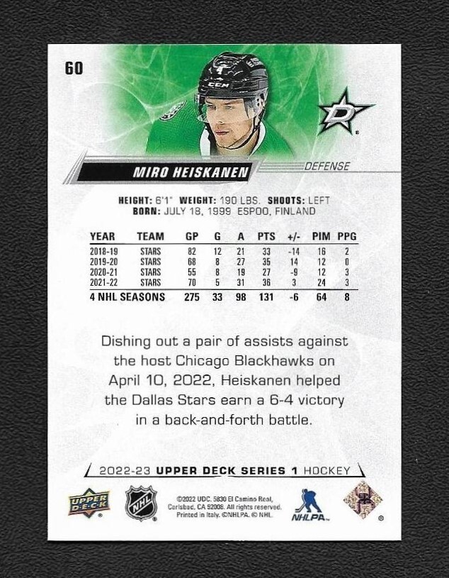 Miro Heiskanen Signed Autograph 2022-23 Upper Deck Dallas Stars Card ...