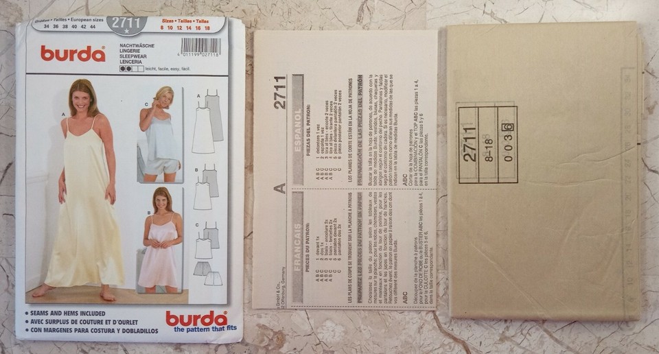 Burda Sewing Pattern 2711 Uncut Sz Misses 8-18 Lingerie Sleepwear Gown ...