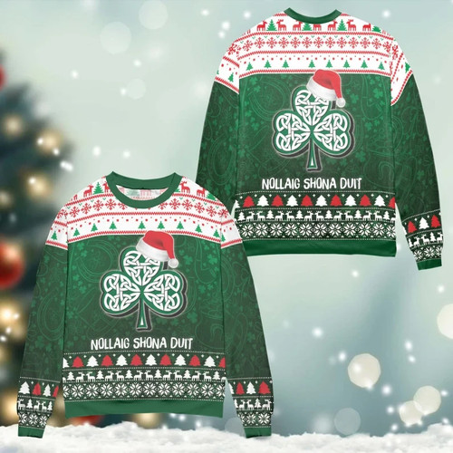 Irish Celtic Christmas Sweater Nollaig Shona Duit Shamrock Ugly Xmas ...