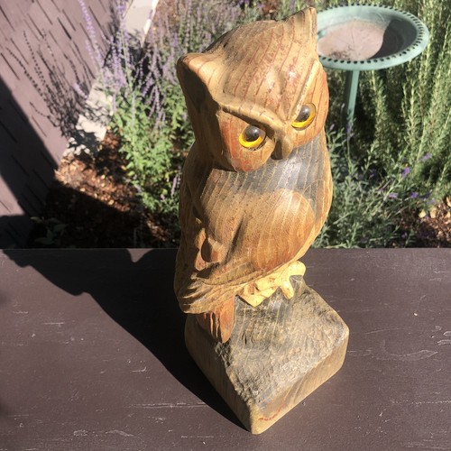 Vintage Hand Carved Wood Owl Figure Statue Folk Art Sculpture Yellow ...