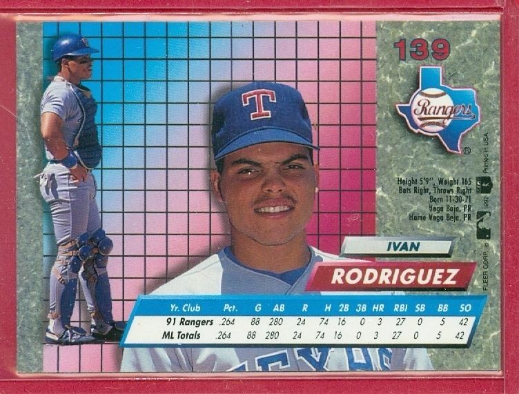 1992 FLEER ULTRA (BB) Ivan Rodriguez ROOKIE/RC CARD #139 TEXAS RANGERS ...