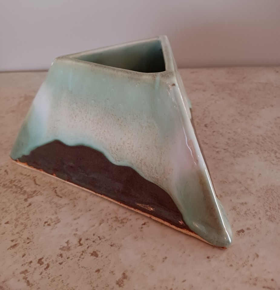 Studio Art Pottery Triangular Vase (Teal& Brown/Signed) | eBay