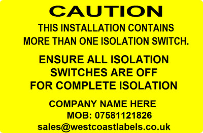 Electrical Warning Labels - ISOLATION SWITCH - Personalised Free 76mm x ...