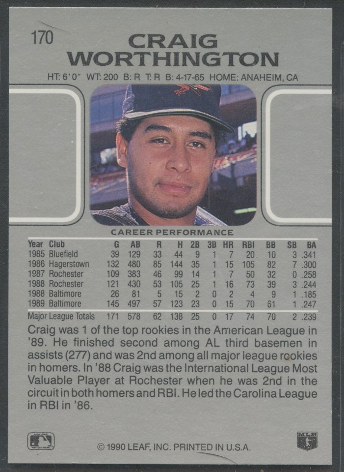 1990 Leaf #170 Craig Worthington Baltimore Orioles | eBay