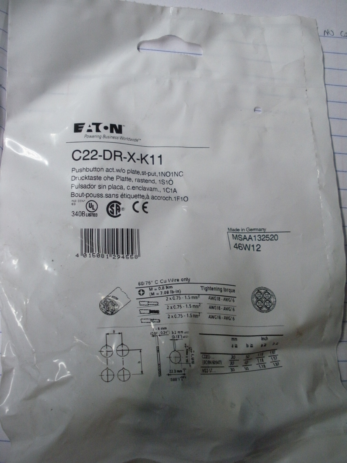 Eaton C22-DR-X-K11 maintained PB 1NC 1NO no color lot of 3 17 lots ...