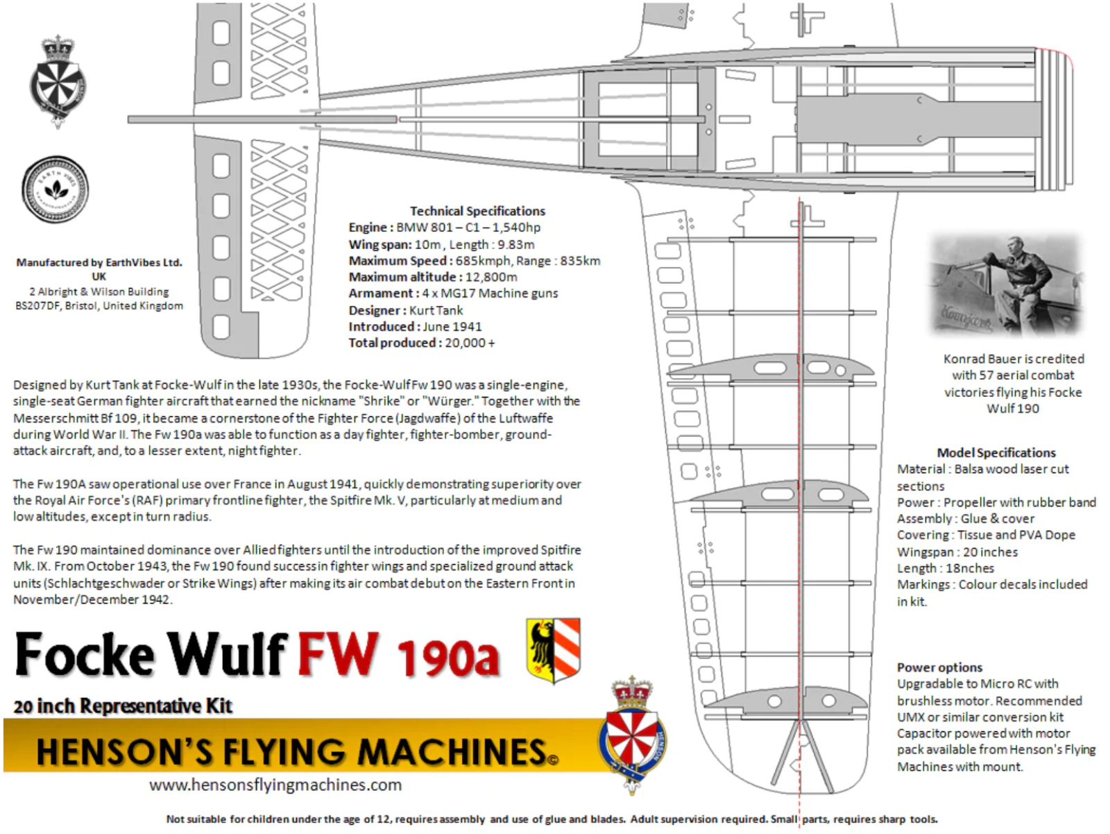 Henson's Flying Machines Focke Wulf 190a 20 inch [FREE FLIGHT] Balsa ...