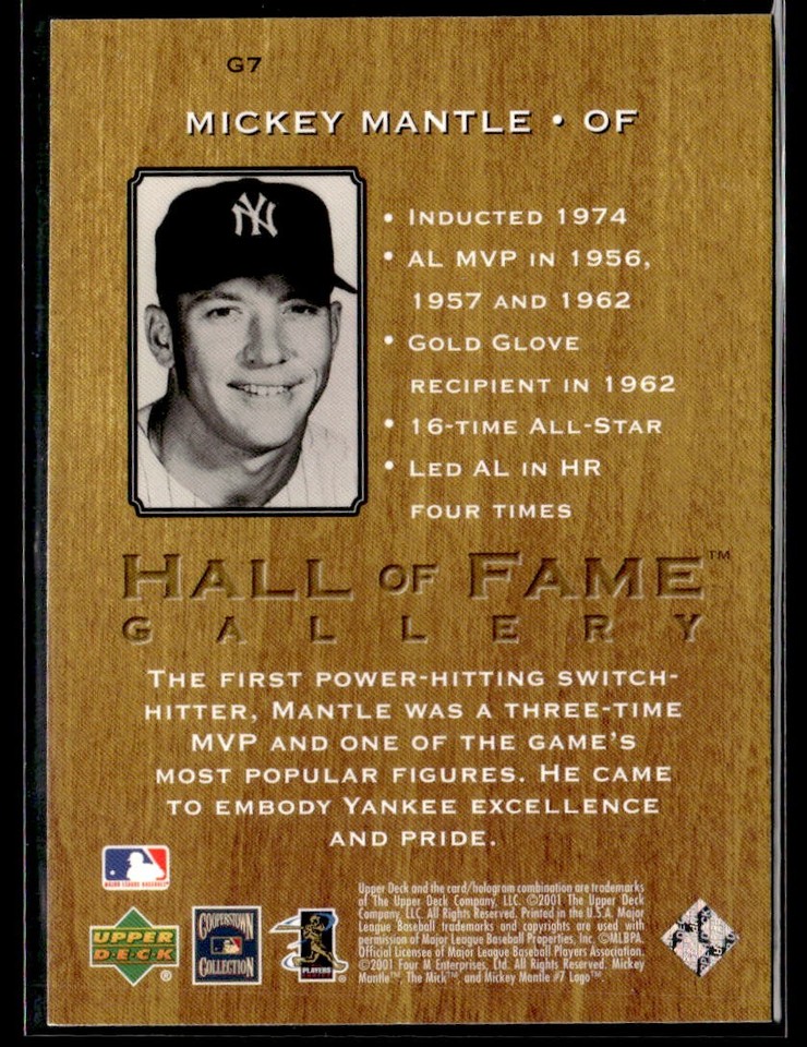 2001 Upper Deck Hall of Famers #G7 Mickey Mantle Hall of Fame Gallery ...
