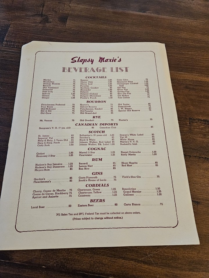 Slapsy Maxies Menu 1940s Ww2 Era Menu | eBay