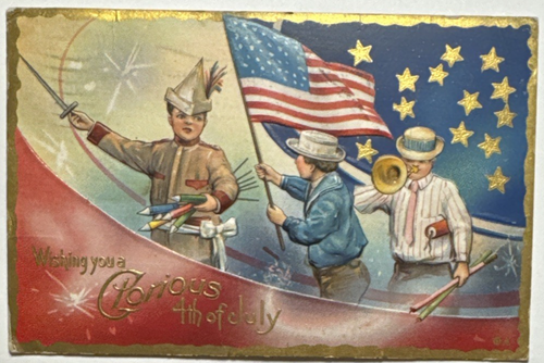 Glorious 4th Of July Men Flag Stars Trumpet Embossed 1910s Postcard | eBay