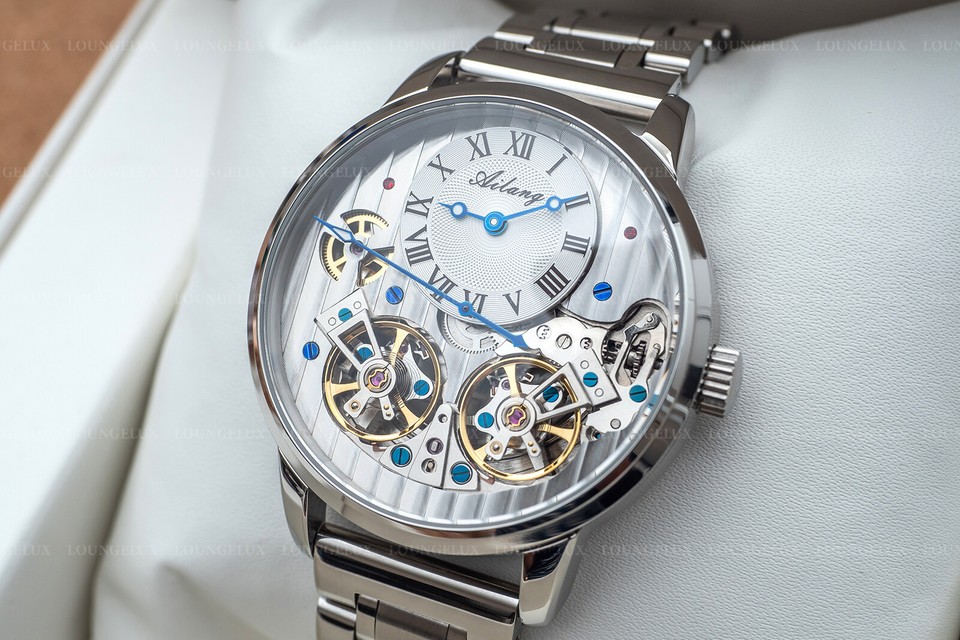 Mens Double Flywheel Automatic Mechanical Watch Silver White Stainless ...