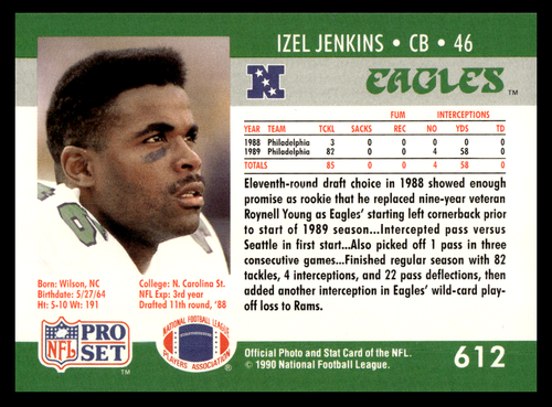 1990 Pro Set Izel Jenkins #612 Philadelphia Eagles NFL Football Base ...