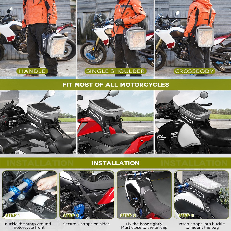 Waterproof 12L Motorcycle Tank Bag Straps Oil Fuel Luggage For Kawasaki ...