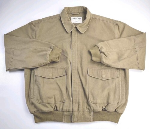Orvis Vintage Brown Khaki Canvas Bomber Leather Trim Jacket A2 G1 ...