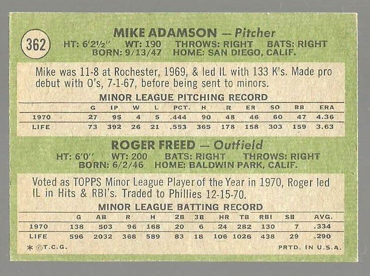 1971 TOPPS BASEBALL #362 ORIOLES ROOKIE STARS EX/MT+ MIKE ADAMSON ...