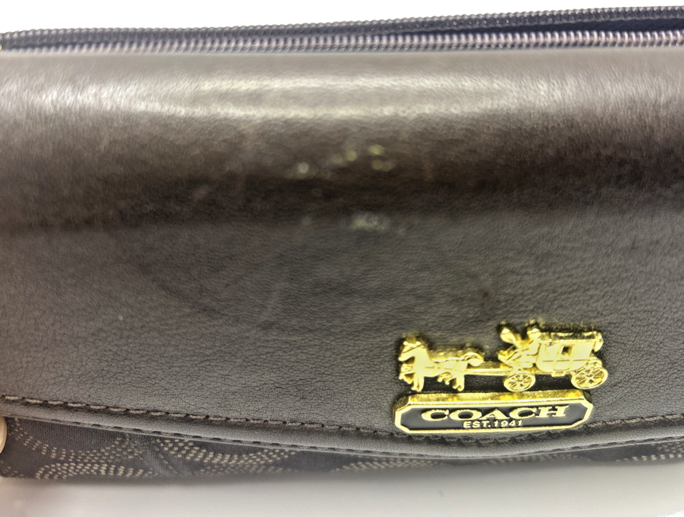 Coach Signature Trifold Checkbook Wallet Canvas Dark Brown Leather and ...