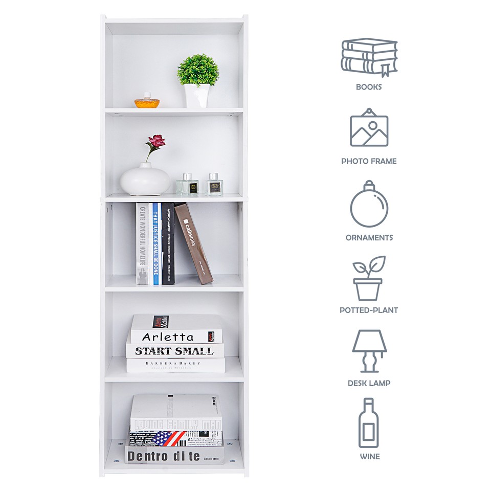 Bookcase 5-Tier Bookshelf Wood Open Shelf Display Storage Organizer ...