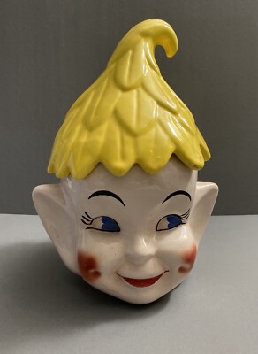 VTG 11” Pixie Elf Head Dimples Cookie Jar With Yellow Hat Cottagecore ...
